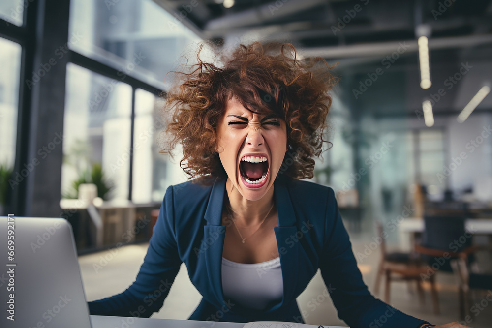 Stressed angry female employee screaming at her workplace Stock Photo ...