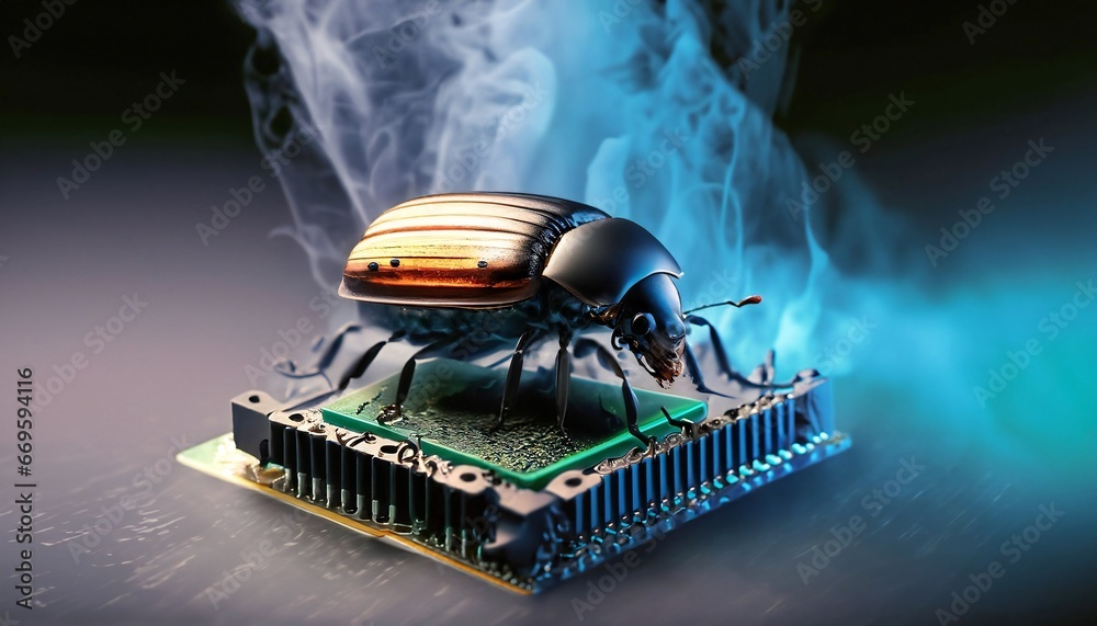 Beetle attacks and destroys electronics. Concept of computer virus and ...