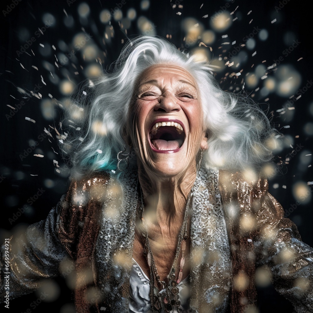 Old Lady with long white hair, wearing funky clothes, having fun and ...