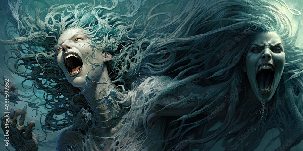 a woman screaming in the midst of a supernatural attack. Her face is ...