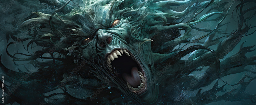 a monster screaming in the midst of a supernatural attack. He mouth is ...
