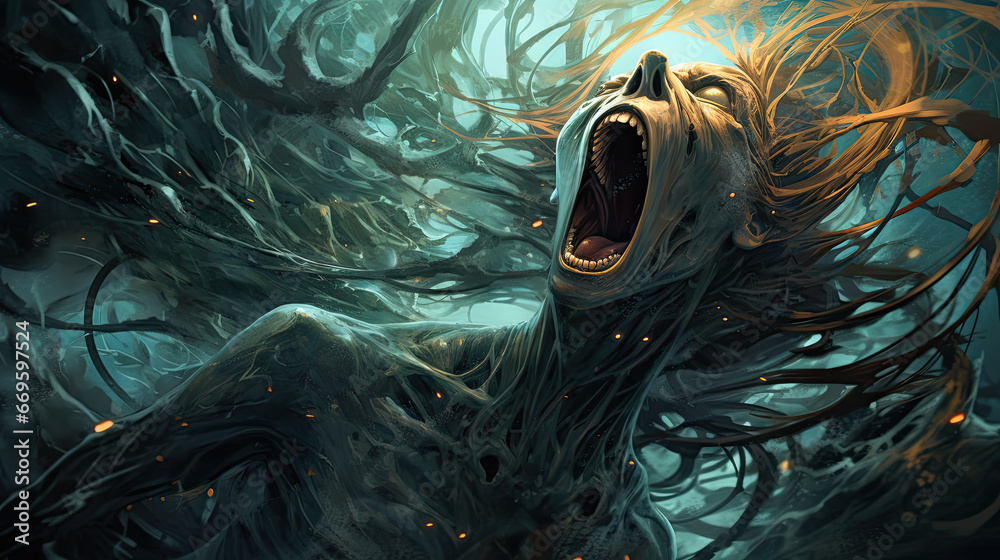 a woman screaming in the midst of a supernatural attack. Her face is ...