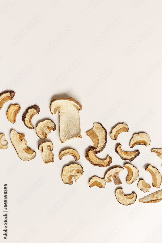 Dry slices of porcini as gourmet food ingredient, texture background ...