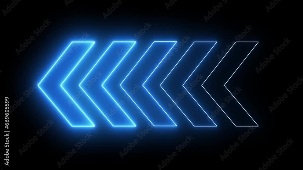 Glowing blue neon colored swipe left arrow animation video. Blinking ...