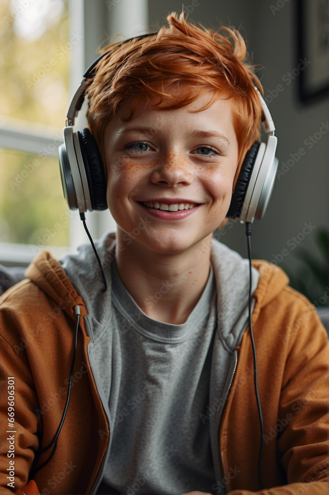 Foto de Fotografía de niño pelirrojo con auriculares en el salón de ...