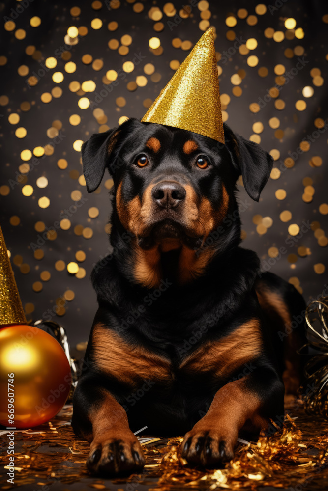 New Years Rottweiler with a festive gold party cracker isolated on a ...