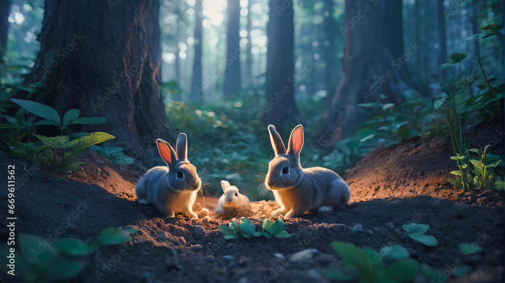 Rabbit Family Building a Burrow in the Middle of the Forest. Generative ...