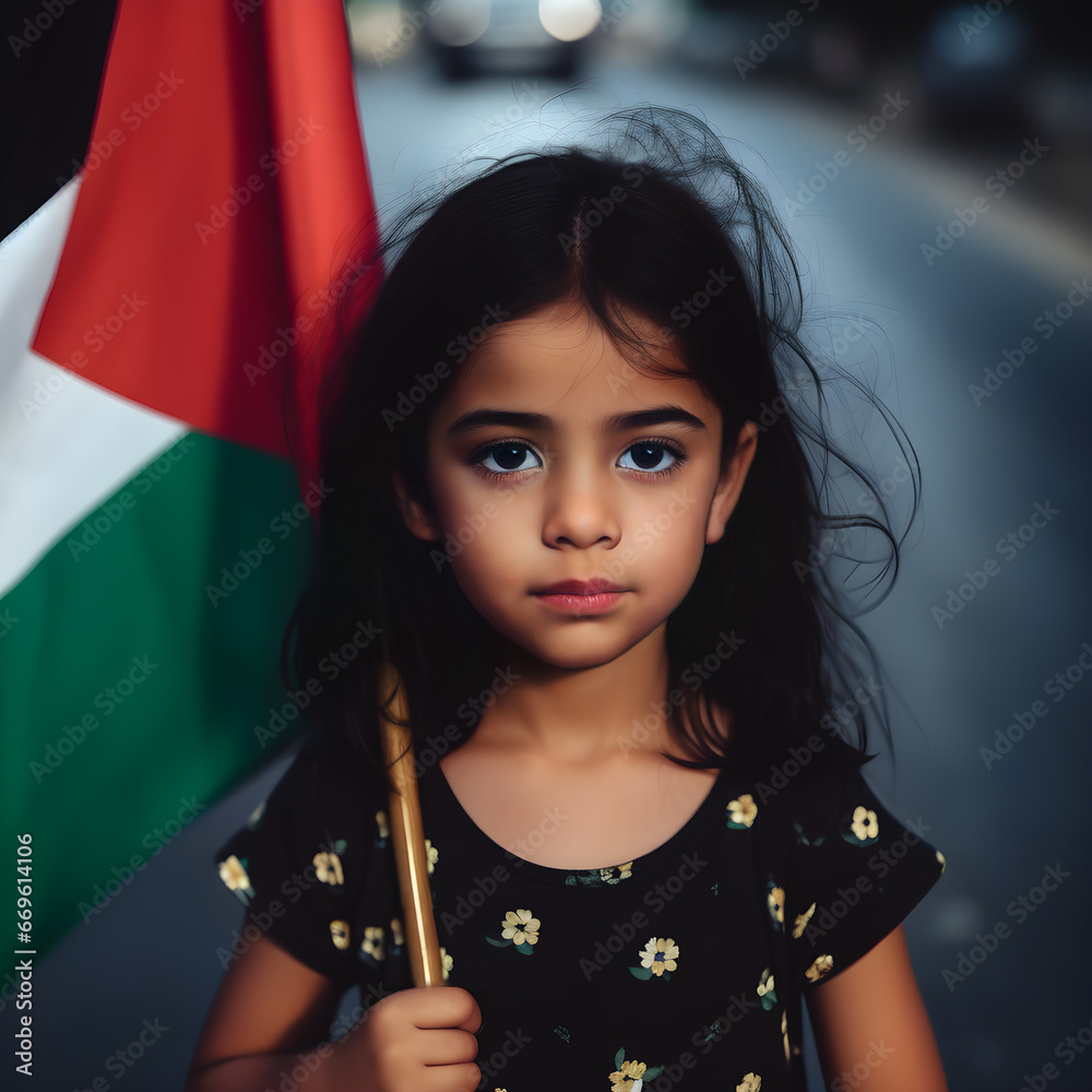 Palestinian kid girl holding Free Palestine flag in a blocked road ...