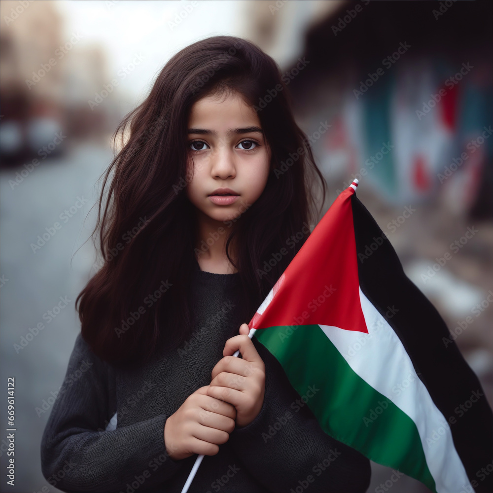 Palestinian kid girl holding Free Palestine flag in a blocked road ...