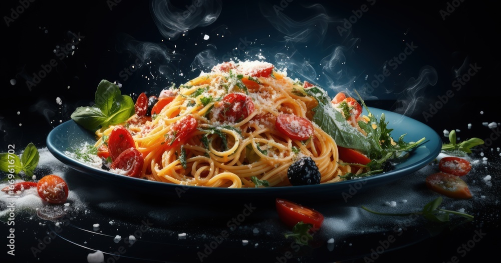 spaghetti on the black background with spinach leaves, in the style of ...
