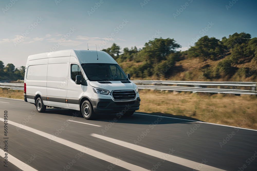 White modern delivery small shipment cargo courier van moving fast on ...