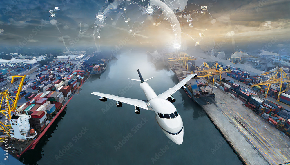 Aerial view and top view cargo plane flying above ship port in the ...