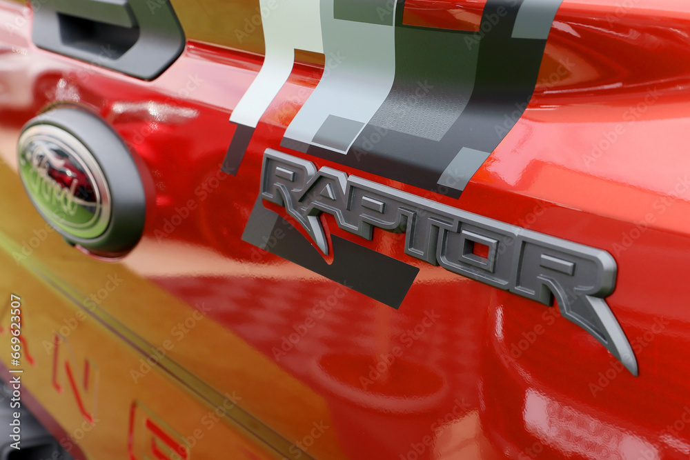 Lateral view of a new model Ford Raptor with logo detail close up ...