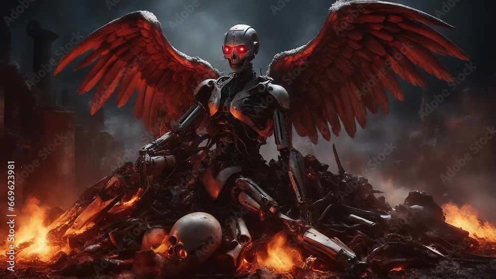 angel in fire half angel half robot with flesh falling off showing the ...