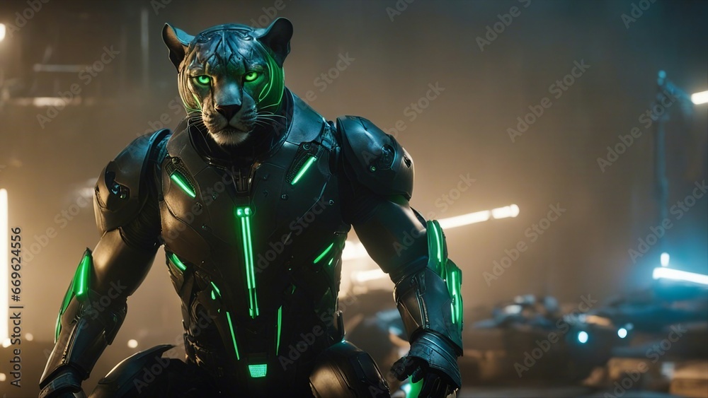 robot in space half panther half robot showing robot underneath, A ...