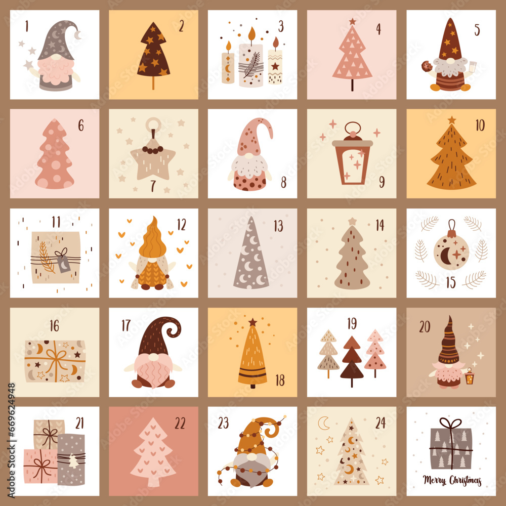 Boho Christmas Advent calendar for kids in cartoon style. Christmas ...