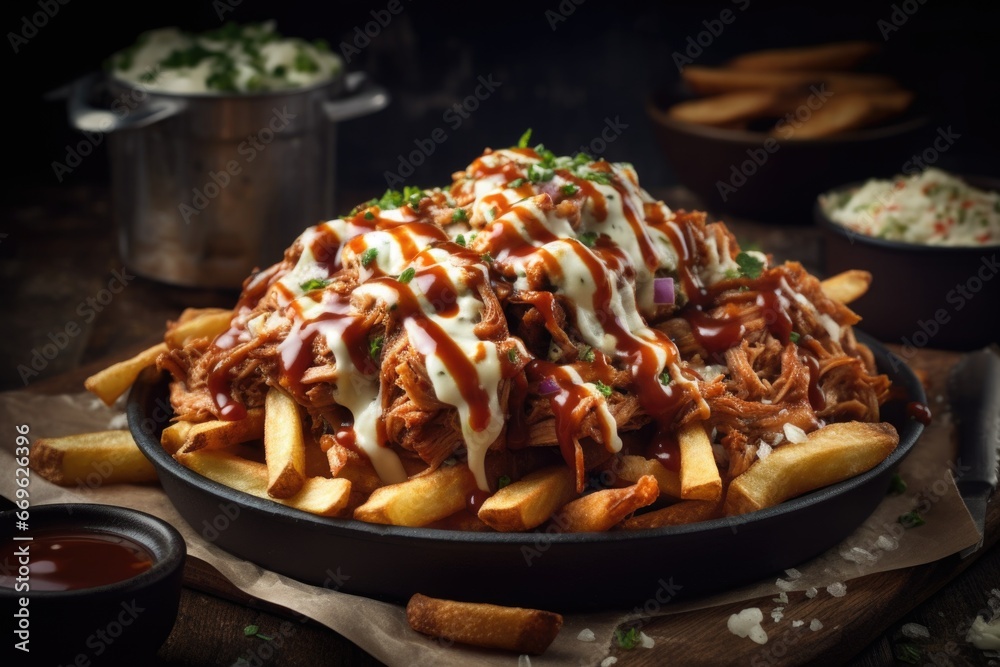 BBQ Pulled Pork Poutine, Smoky pulled pork, Smothered in tangy barbecue ...