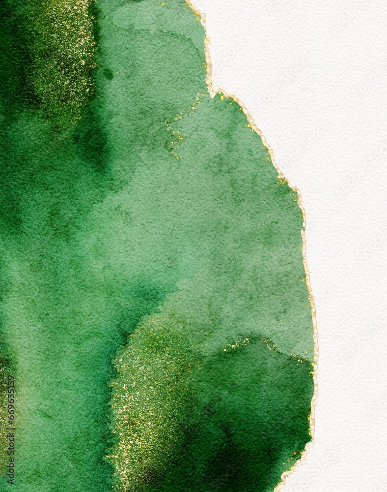 Green emerald watercolor stains texture background with gold glitter ...