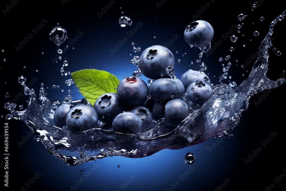 Blueberry splash with isolated blueberries on black background. Healthy ...