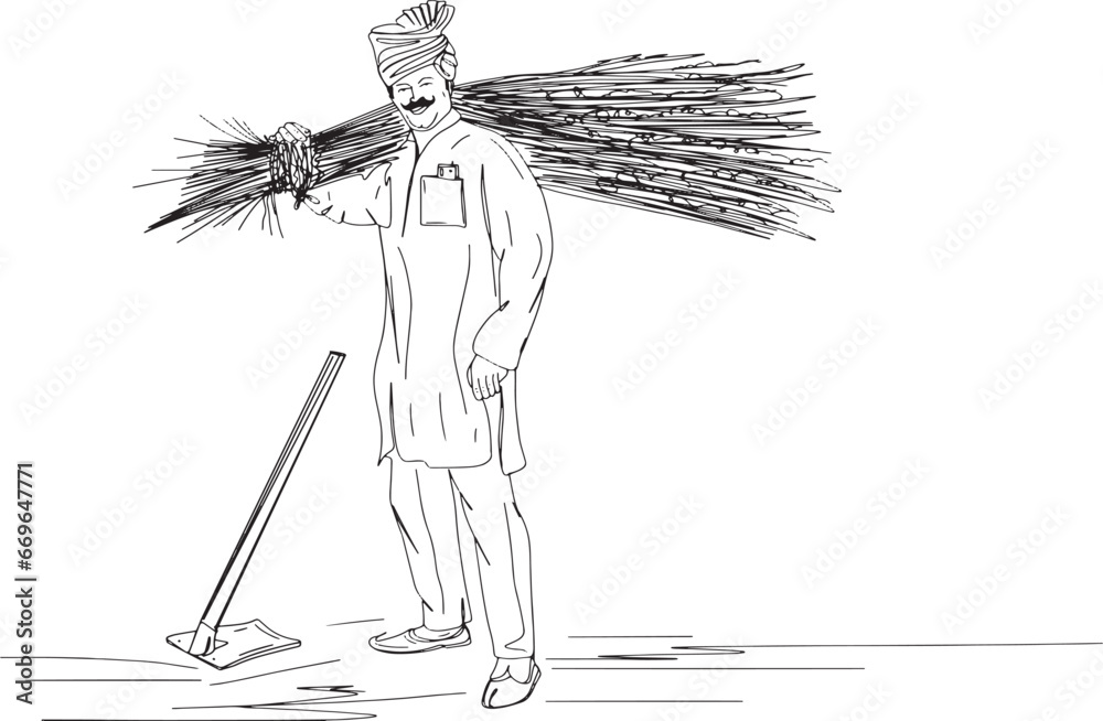 Farmer Holding Crop in Indian Attire - Editable Illustration of Agricultural Work, Happy Indian ...