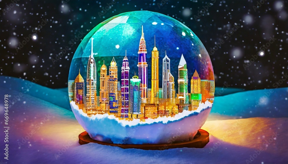 Illustration of a colorful holiday snow globe with a cityscape inside ...