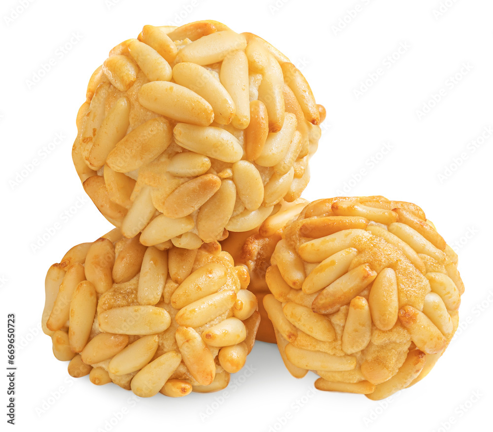 Panellets pine nuts isolated on white background. Typical Catalan ...