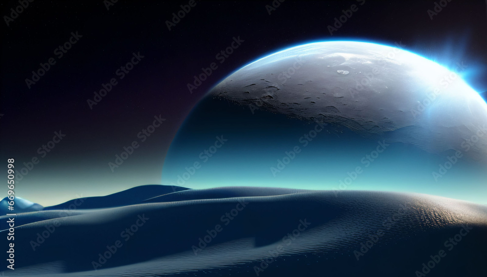 Sand dunes of the desert against the background of a bright glowing ...