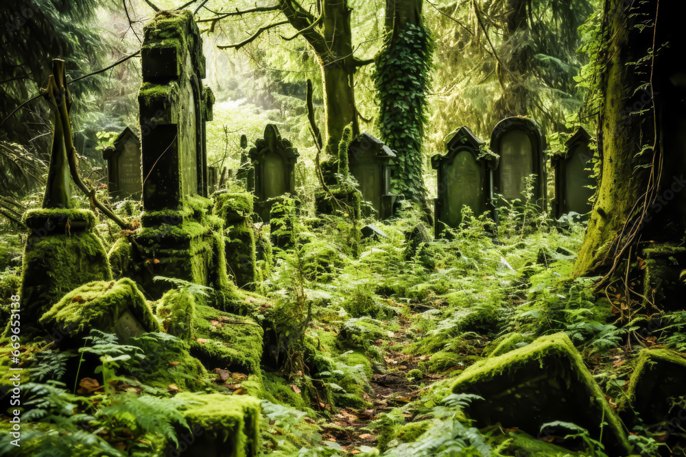 forgotten overgrown cemetery with moss-covered tombs Stock Illustration ...