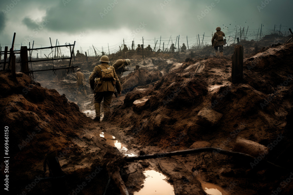 Battlefield Resilience: Soldiers Marching Through Muddy Trenches - An Evocative Scene from the ...