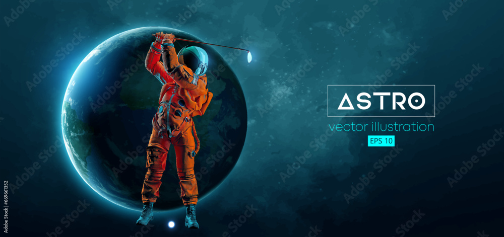 Abstract silhouette of a golf player in space action and Earth, Mars ...