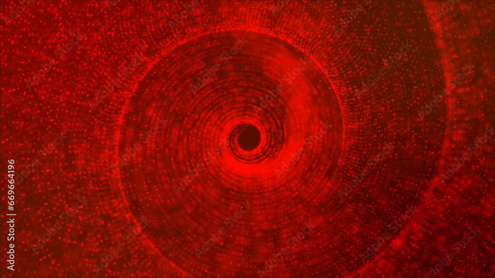 Abstract of a spinning red spiral composed of circular red dots against ...