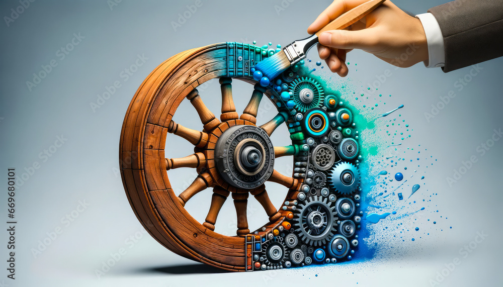 3D render of a traditional wooden wheel being painted and upgraded with ...