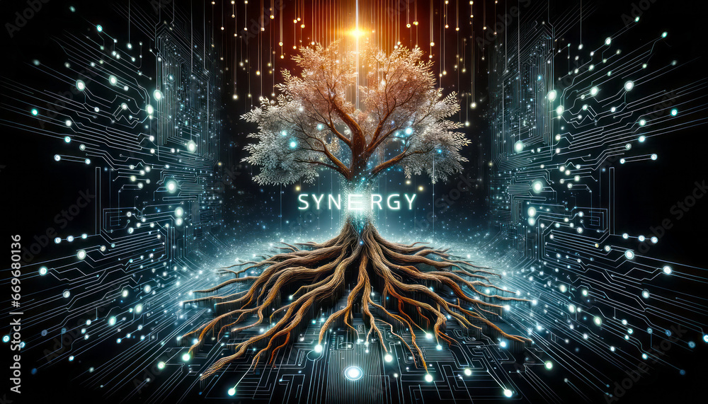 Tree with roots and branches intricately intertwined with digital ...