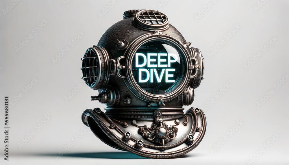 Old-fashioned deep-sea diver helmet with intricate details. Emerging ...