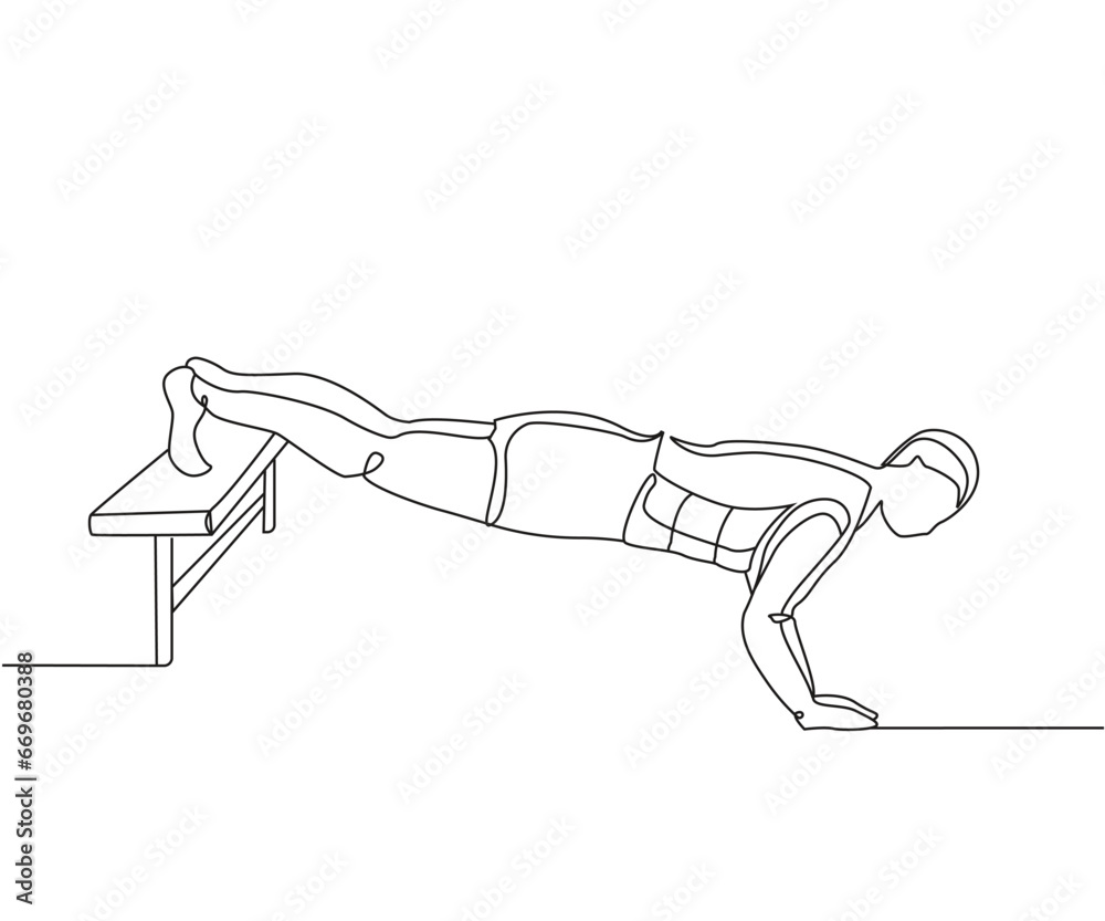 Decline push up exercise Line Drawing isolated on copy space white ...