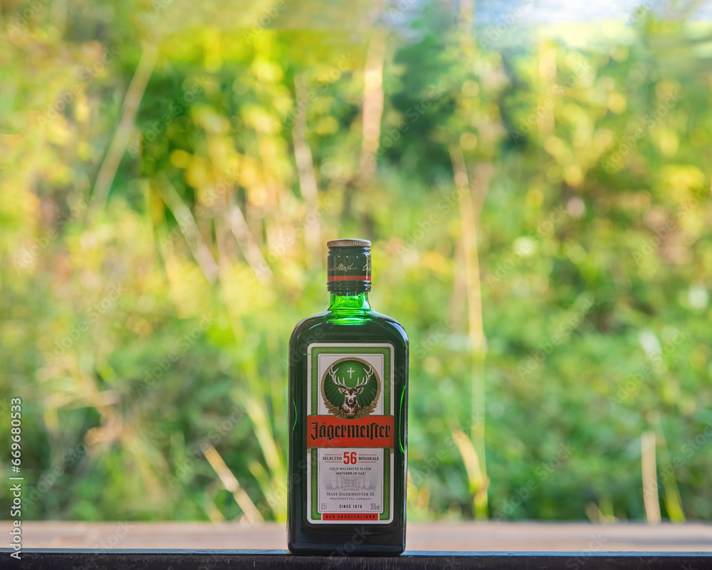 bottle of Jagermeister, a German alcoholic beverage for digestion ...