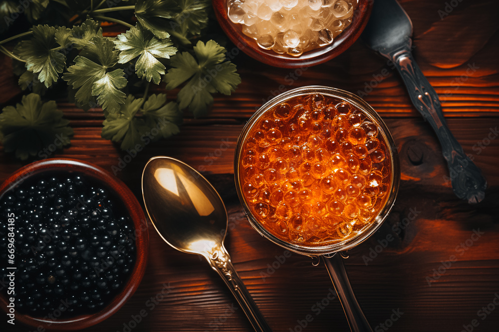 Red and black caviar in a glass jar. Top view. Restaurant menu Stock ...