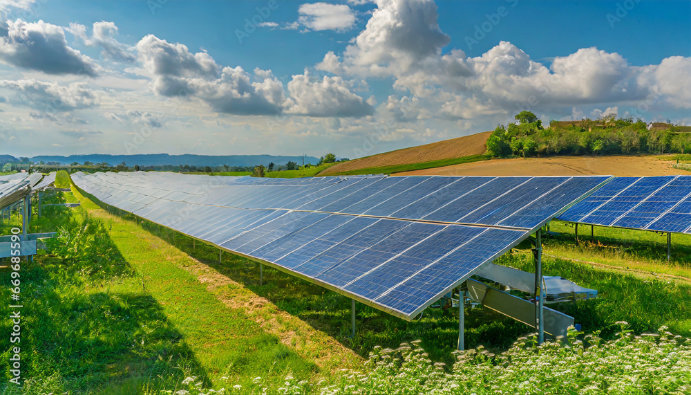 farmland enhanced with agrivoltaics where solar panels are ...
