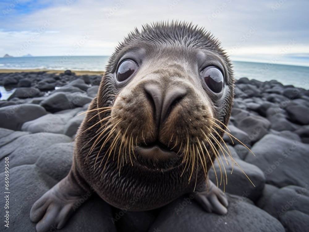 Close-up of a seal's face looking at the camera. An animal in a natural ...