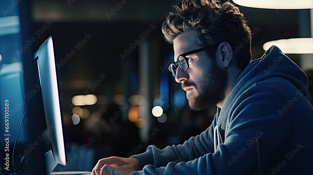 A male trader at work on a computer with a multi-monitor workstation with various charts and ...