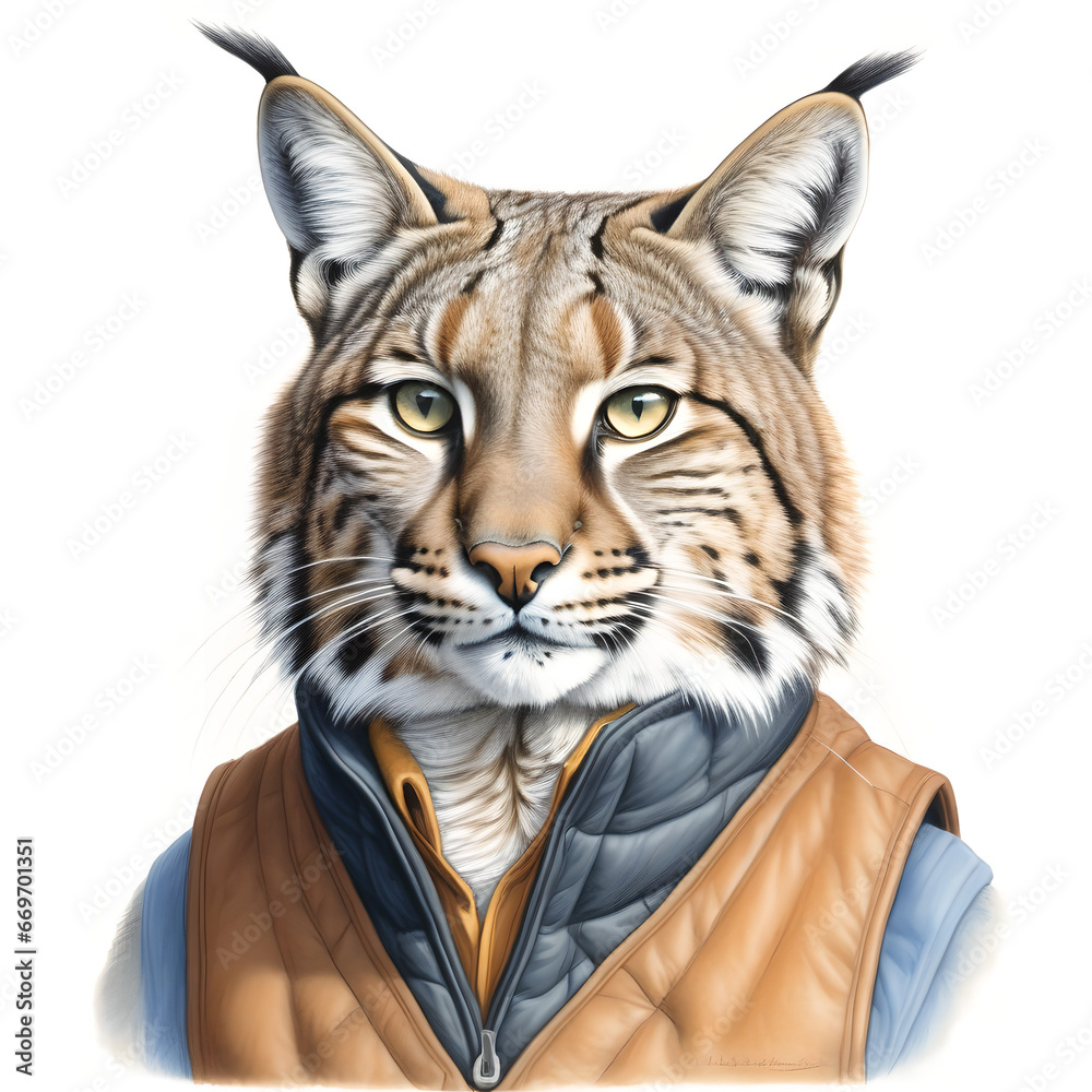 cat with human clothes illustration , colored pencil drawing , isolated ...