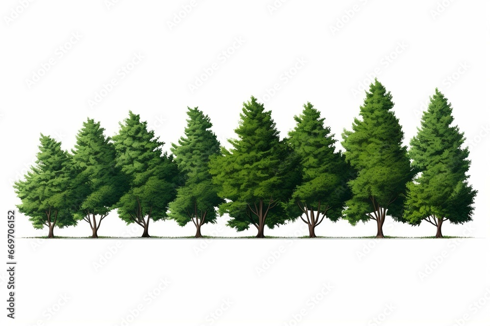 Green trees on a white background with a cut path and alpha channel ...