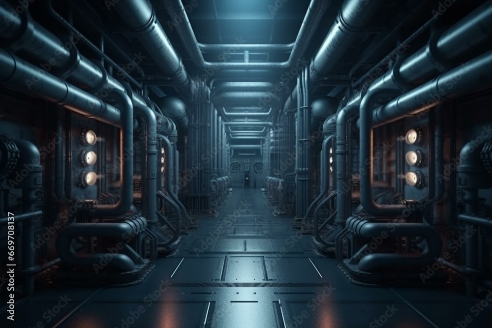 Dark sci-fi lab interior with industrial pipeline, rendered in 3D ...