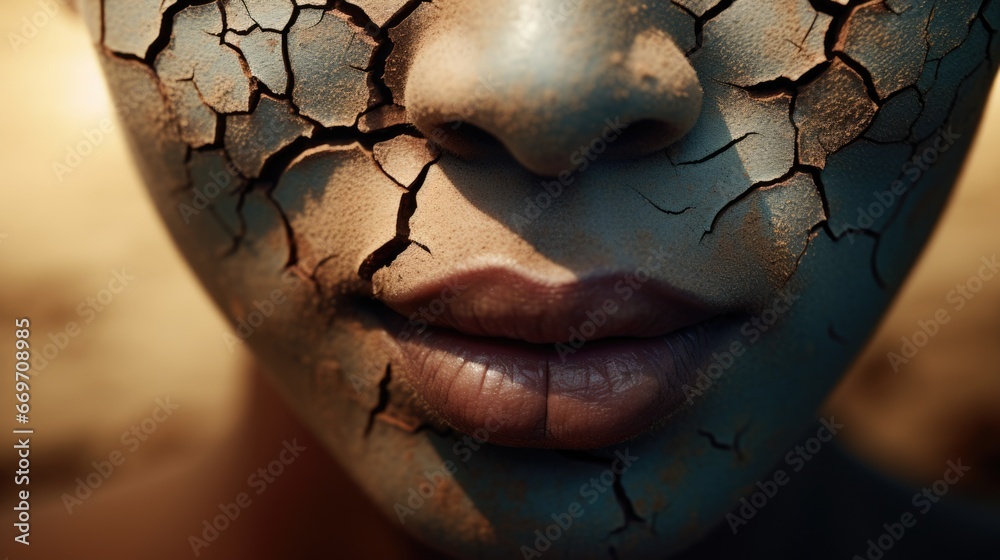 Close-up of a woman's face, cracked like soil from drought. Concept of ...
