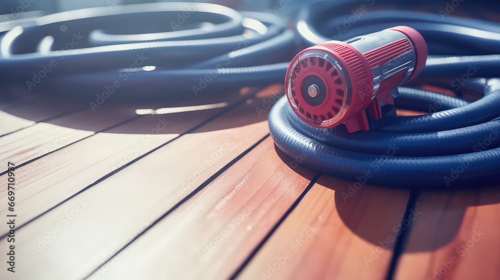 Folded lawn irrigation hose lying on the wooden plank floor of the ...