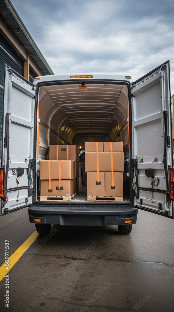 Outside of Logistics Warehouse with Open Door, Delivery Van Loaded with ...