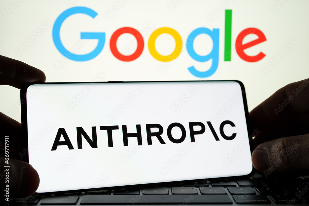 Anthropic AI research company logo seen on the smartphone and GOOGLE ...