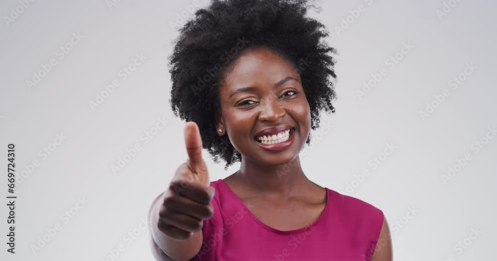 Thumbs up, woman and face in studio for success, winning deal and bonus ...