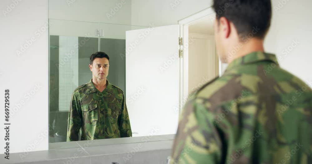 Soldier in bathroom in morning with mirror, uniform and camouflage ...