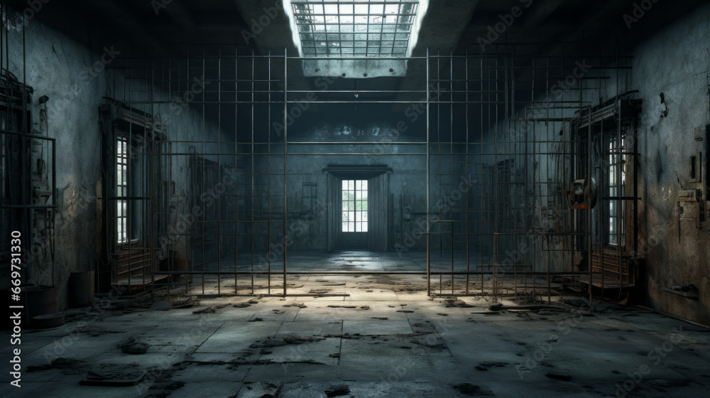 An eerie, deserted prison cell with rusty bars and a damp floor Stock ...